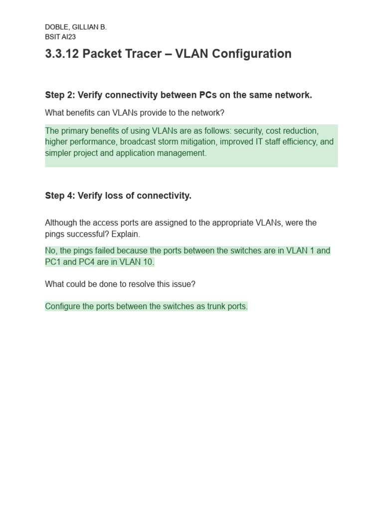 3.3.12 Packet Tracer - VLAN Configuration | PDF