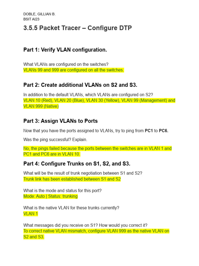 3.5.5 Packet Tracer – Configure DTP | PDF