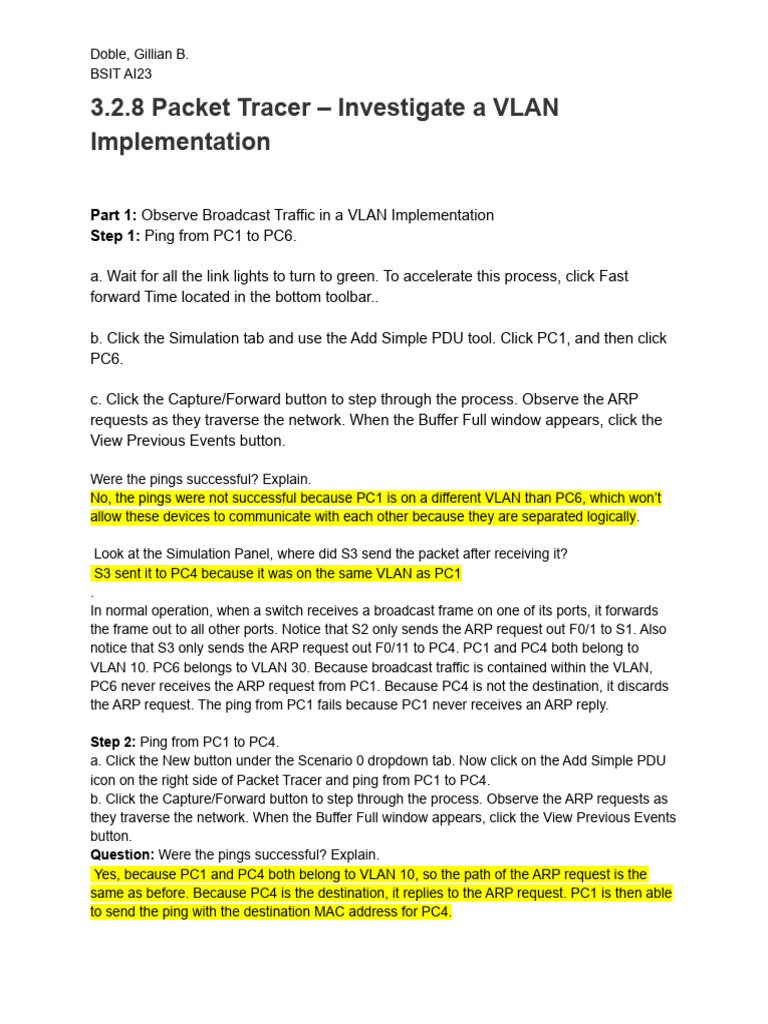 3.2.8 Packet Tracer - Investigate A VLAN Implementation | PDF | Network Switch | Telecommunications