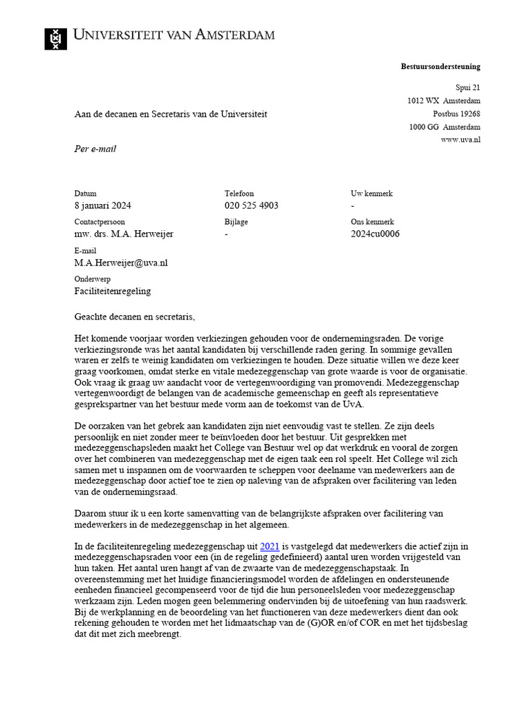 Brief Van Het CVB Aan de Decanen Over Promovendi in Ondernemingsraden. | PDF