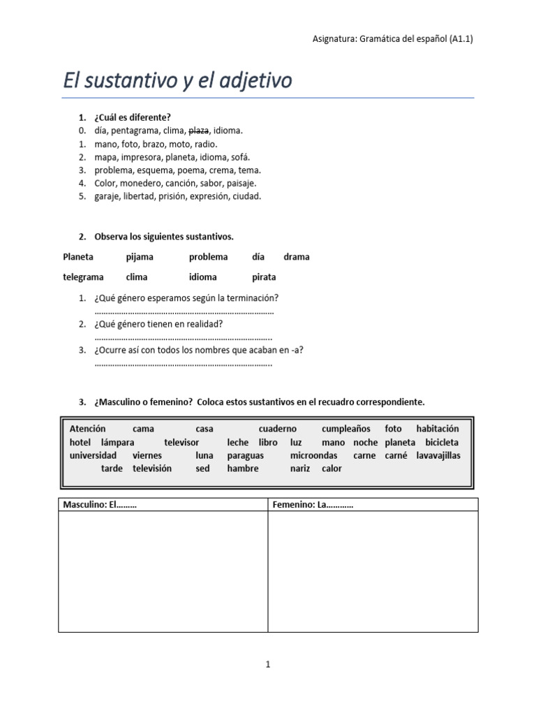 Ejercicios I El Sustantivo y El Adjetivo | PDF