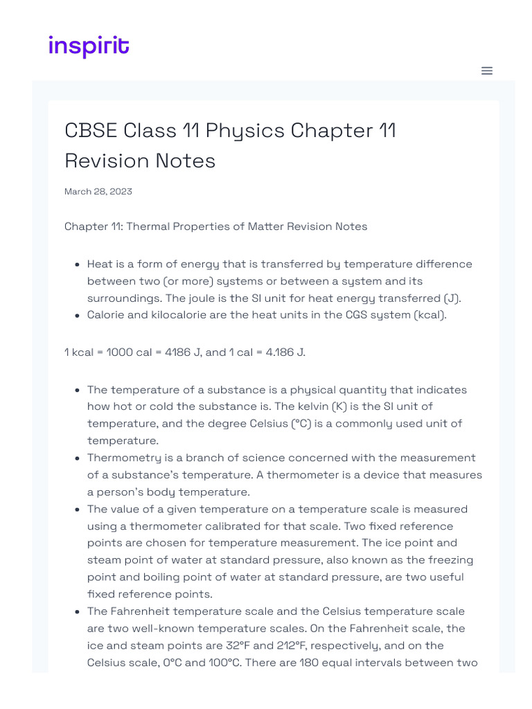 WWW Inspiritvr Com Cbse Class 11 Physics Chapter 11 Revision Notes ...