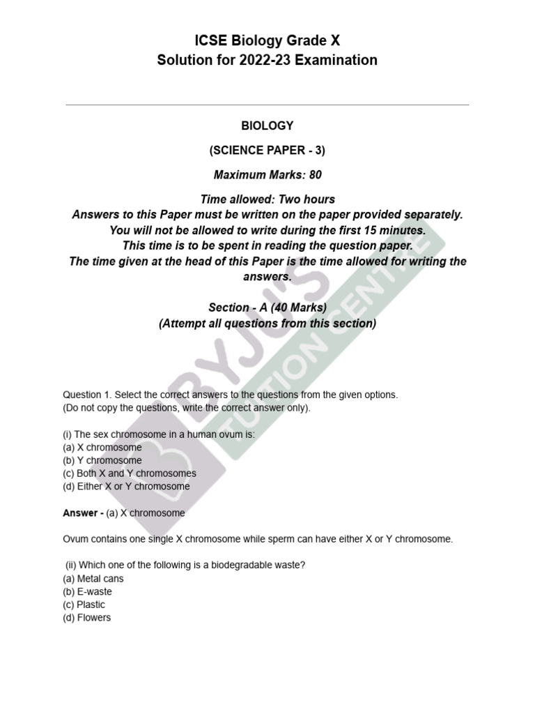 ICSE Class 10 March30 Biology Question Paper Solutions 2023 | PDF | Diastole | Heart