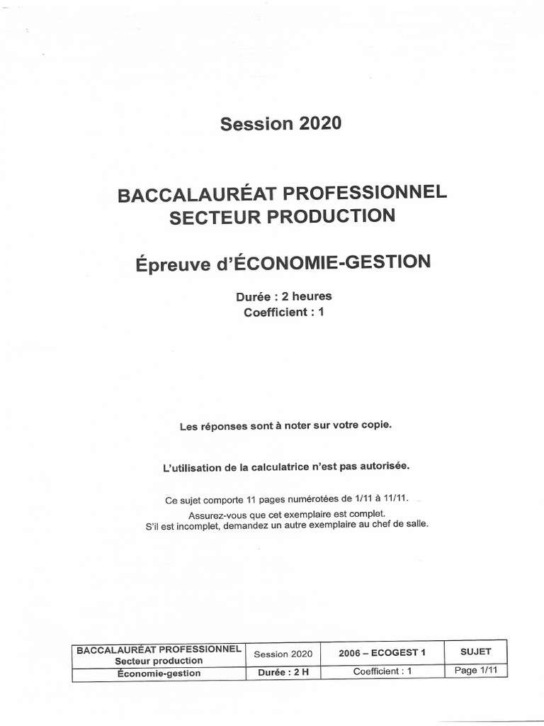 BAC PRO Eco Gestion Sujet 2020 | PDF