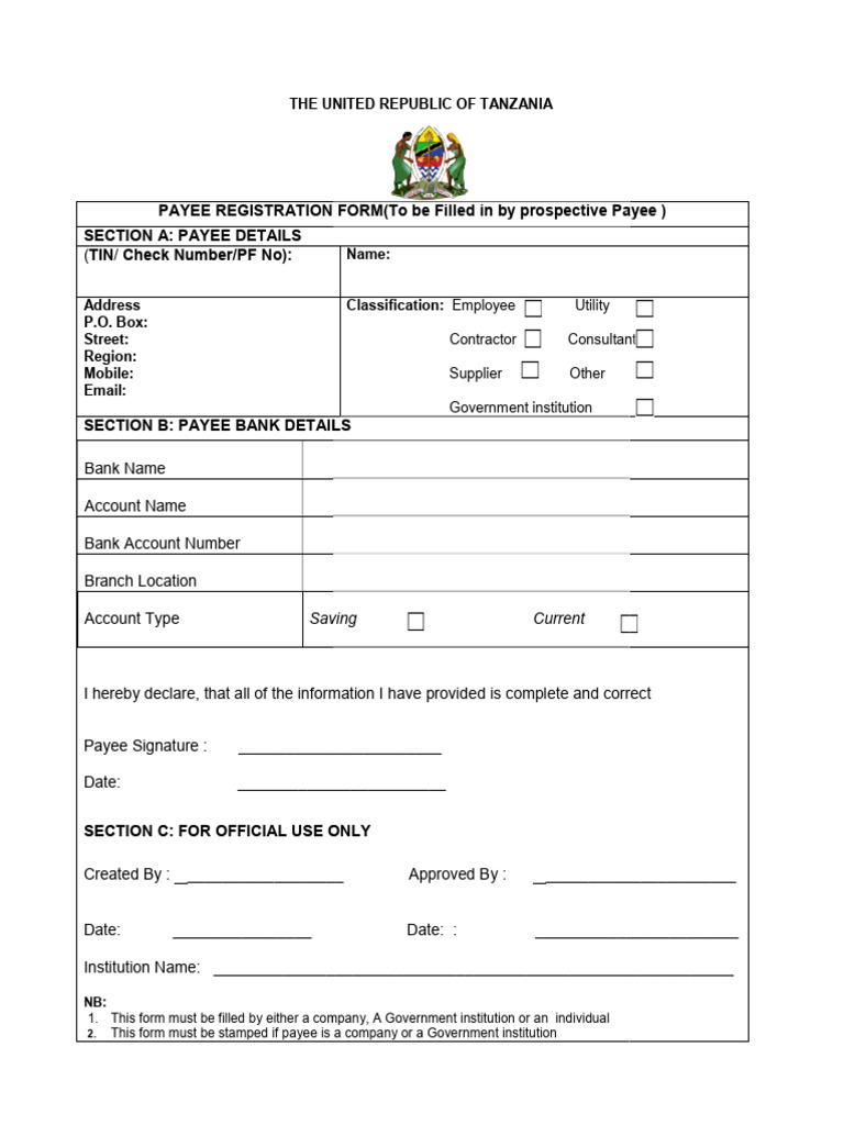 Tanzania Payee Registration Form | PDF