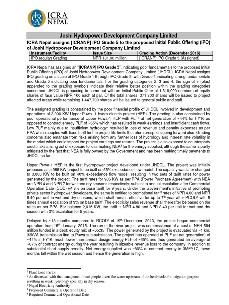 Joshi Hydro Rationale Final | PDF | Loans | Hydroelectricity