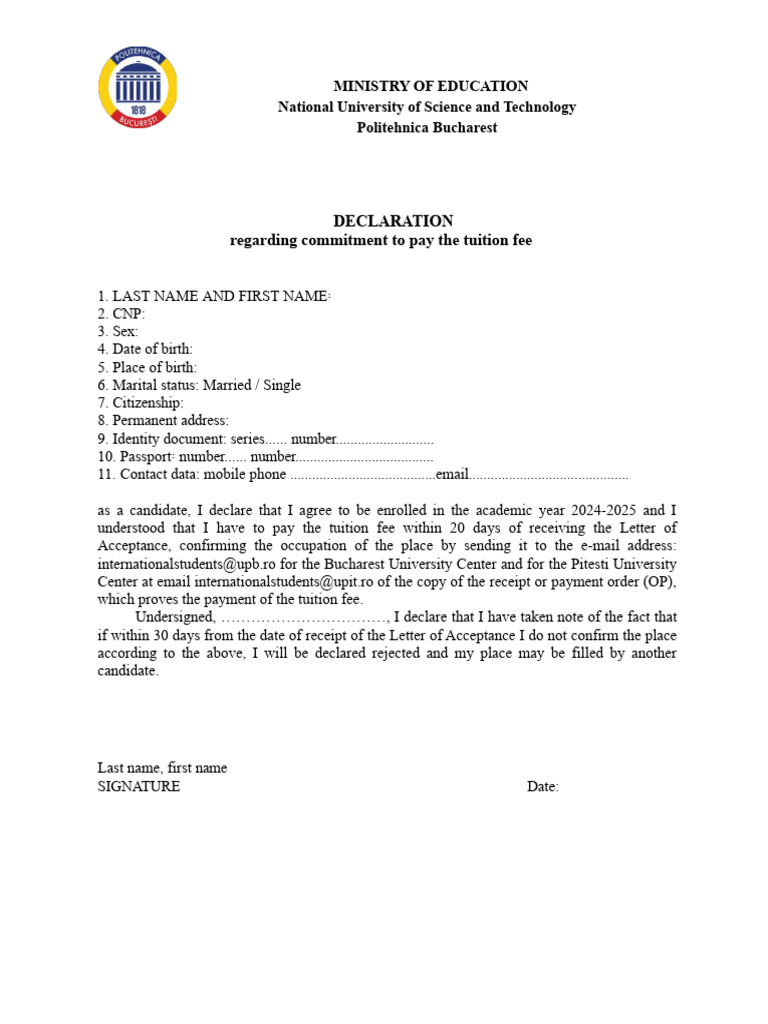 Declaration of Commitment To Pay The Tuition Fee en | PDF