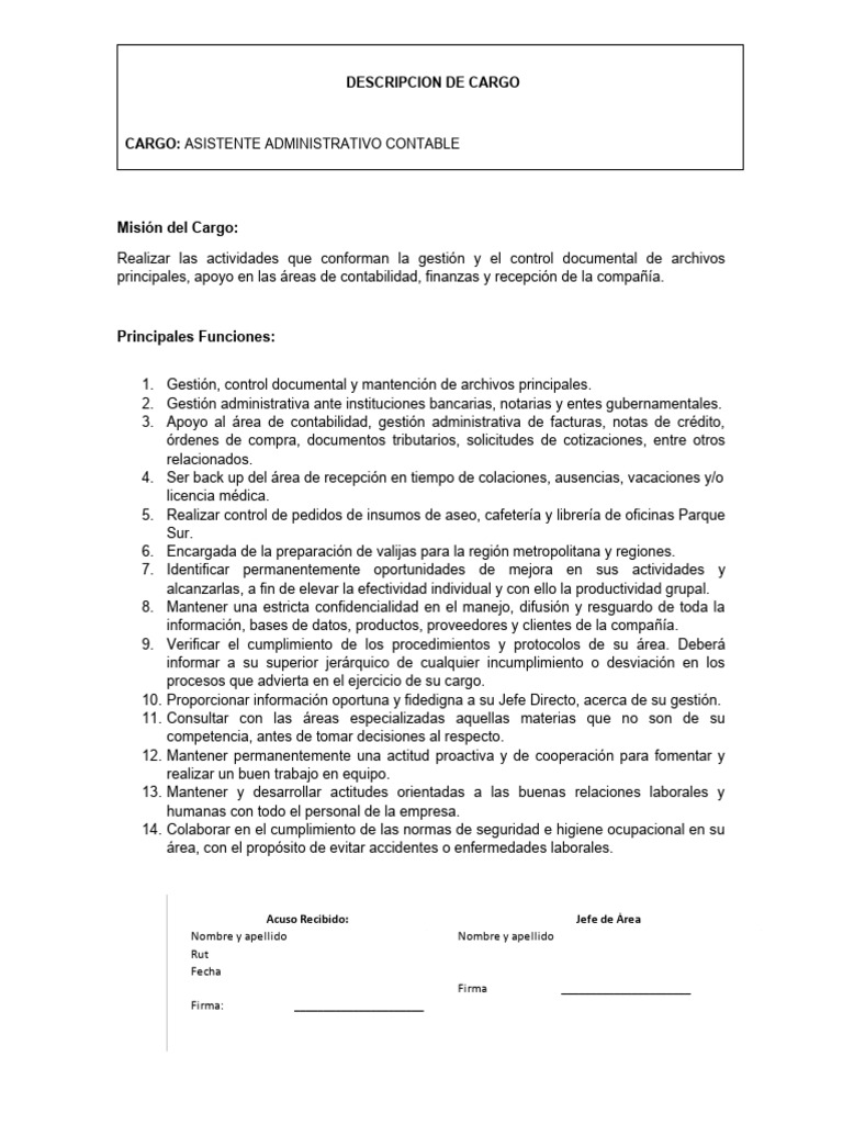 Descripció de cargo Asistente Administrativo Contable | PDF | Contabilidad | Business