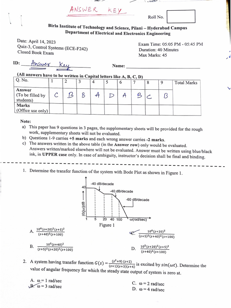Control System Quiz 3 Solution Key | PDF