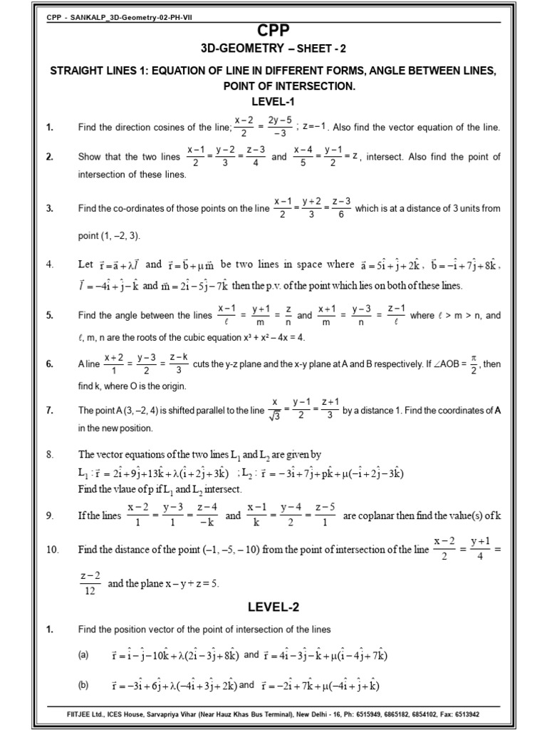 Sheet - 2 Straight Lines 1: Equation of Line in Different Forms, Angle ...