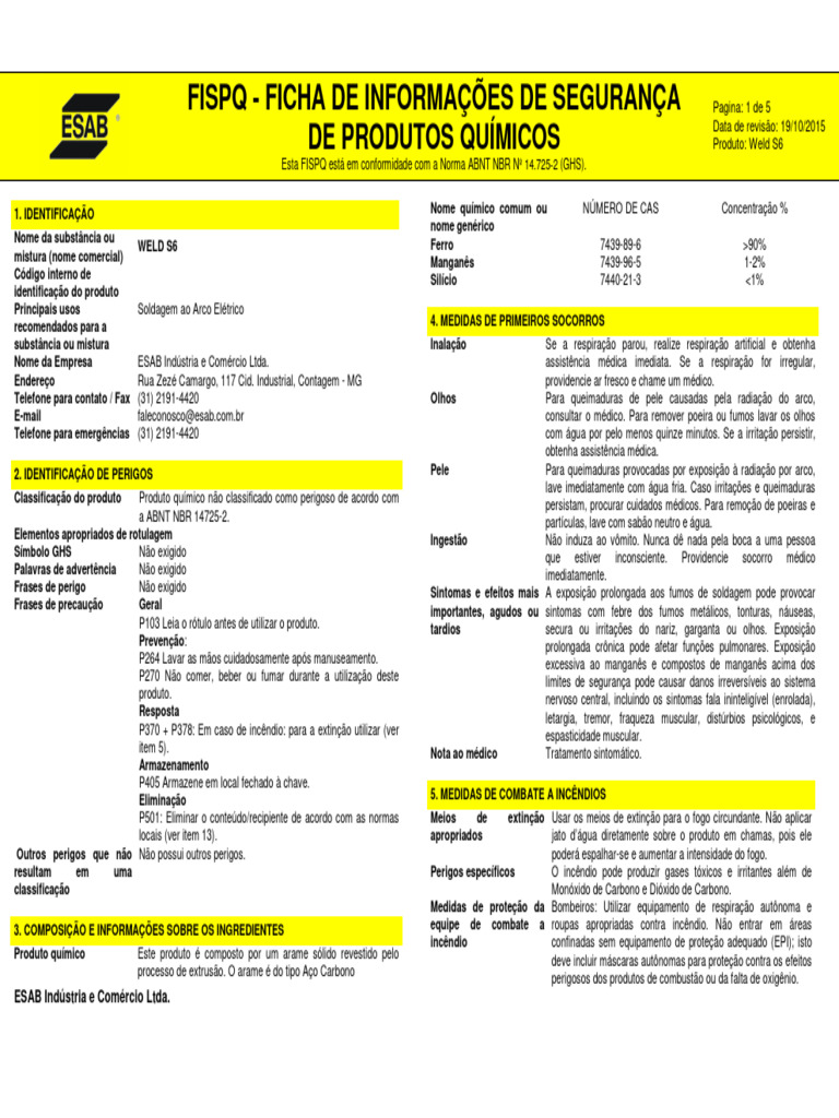 FISPQ Weld S6: Segurança e Uso em Soldagem | PDF | Química | Desperdício