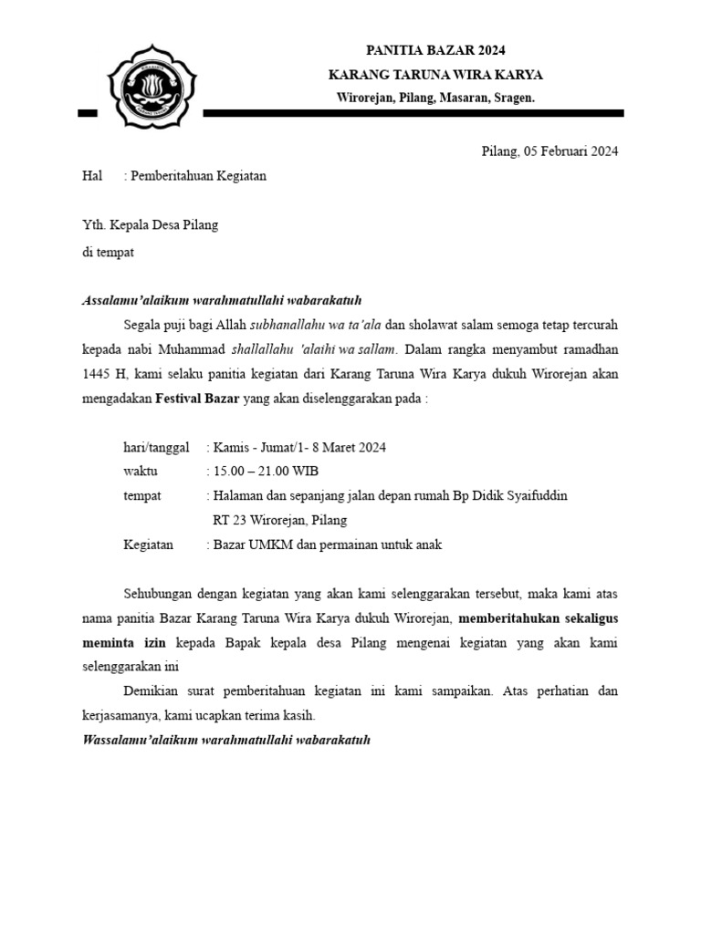 Surat Perizinan Bazar | PDF