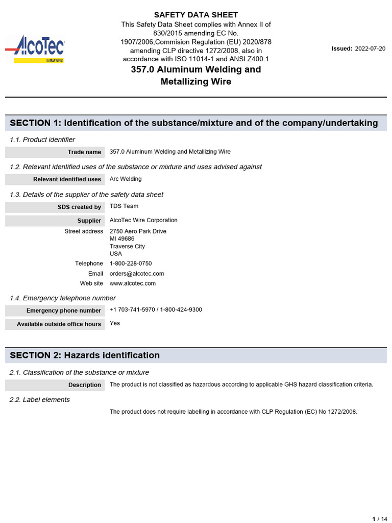 357 0 Aluminum Welding and Metallizing Wire BA 240102021518 | PDF ...