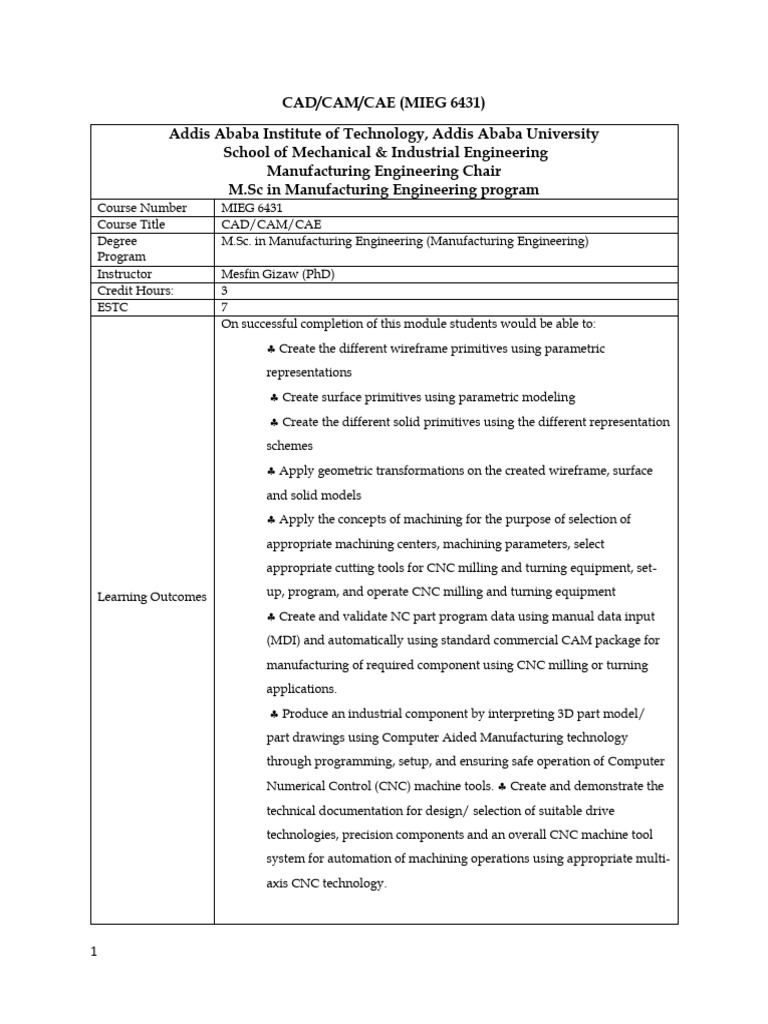 Cad Cam And Cae Course Outline Pdf Numerical Control Computer