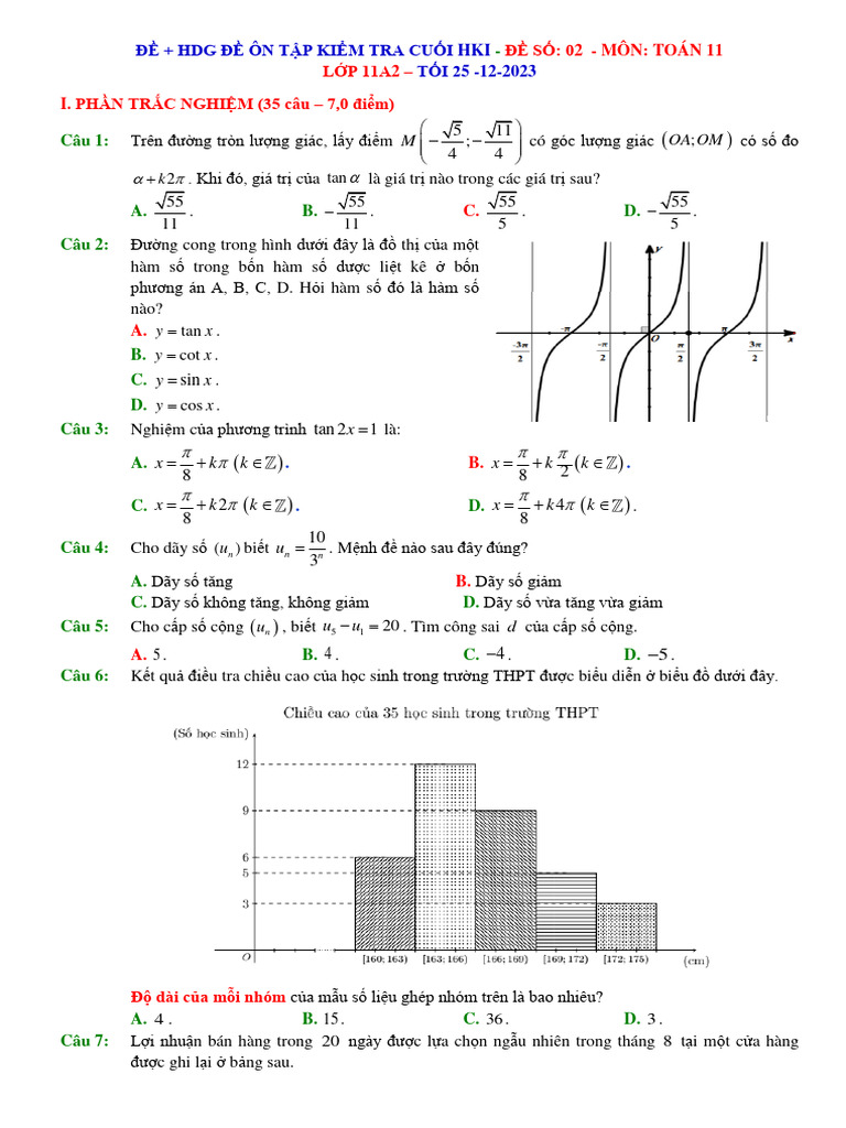 25 12 23 Đề 02 ĐA HDG ÔN TẬP Cuối kì 1 Toán 11A2 KNTT 70TN 30TL | PDF