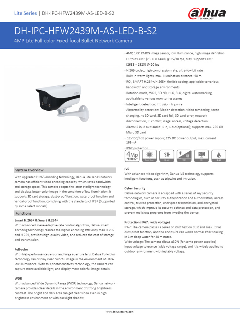 DH IPC HFW2439M AS LED B S2 - Datasheet - 20210226 | PDF | Camera | Camera Lens