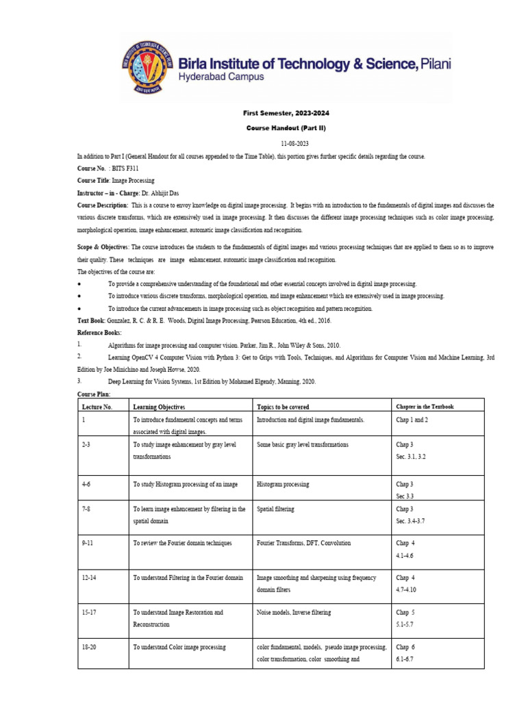 BITS F311: Image Processing Course Guide | PDF | Image Processing ...