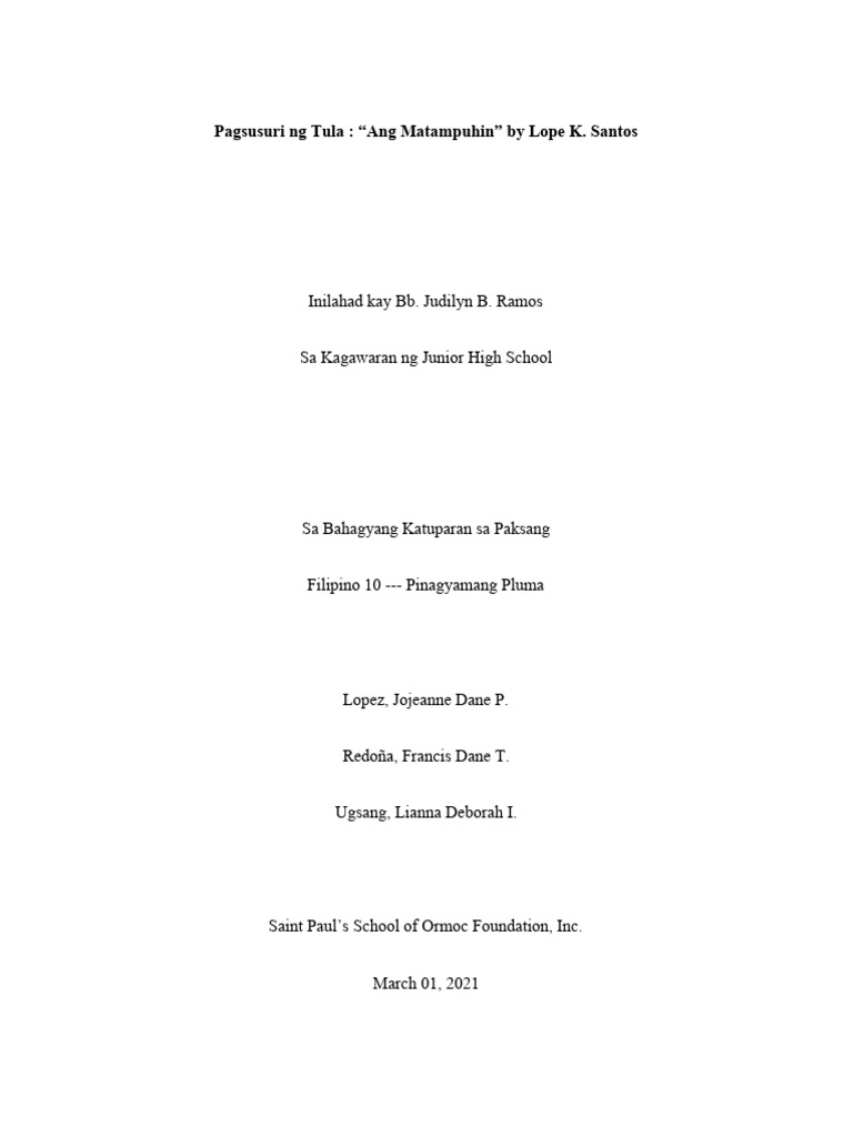 Ang Matampuhin by Lope K. Santos | PDF