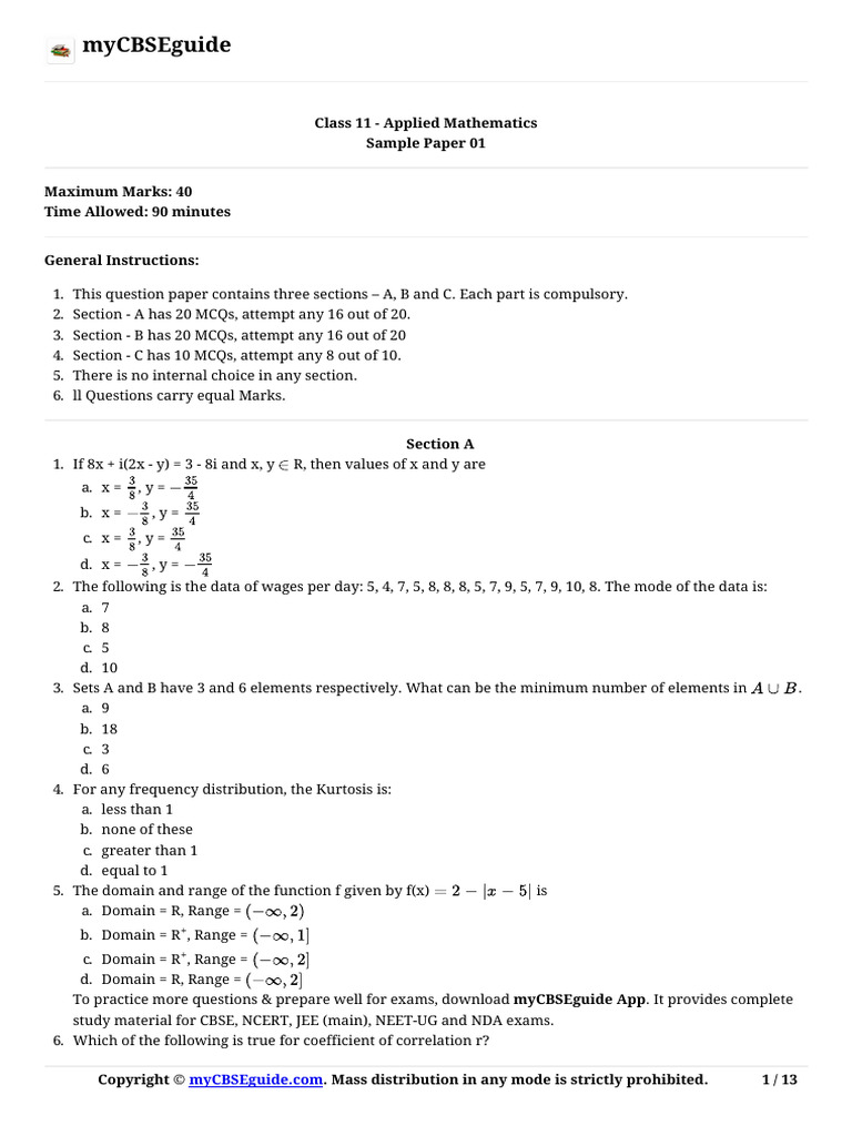 11 Appliedmaths SP 01 | PDF | Mode (Statistics) | Multiple Choice