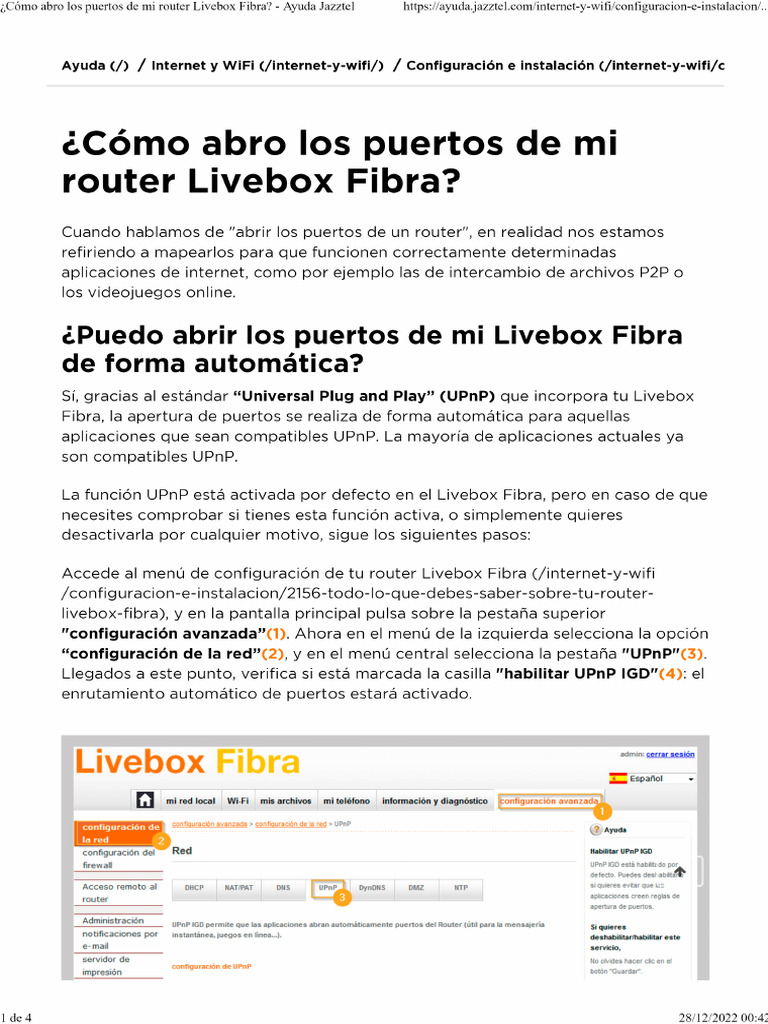 ¿Cómo Abro Los Puertos de Mi Router Livebox Fibra - Ayuda Jazztel | PDF