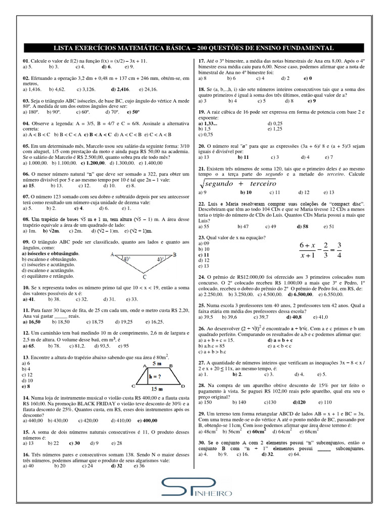 200 Questoes de Matematica Basica | PDF | Triângulo | Geometria Elementar