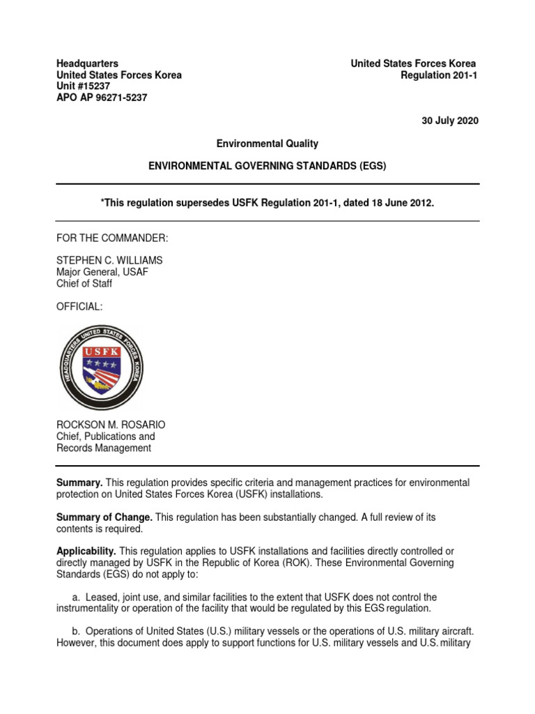 USFK Reg 201 1 Korean Environmental Governing Standards 2020 | PDF ...