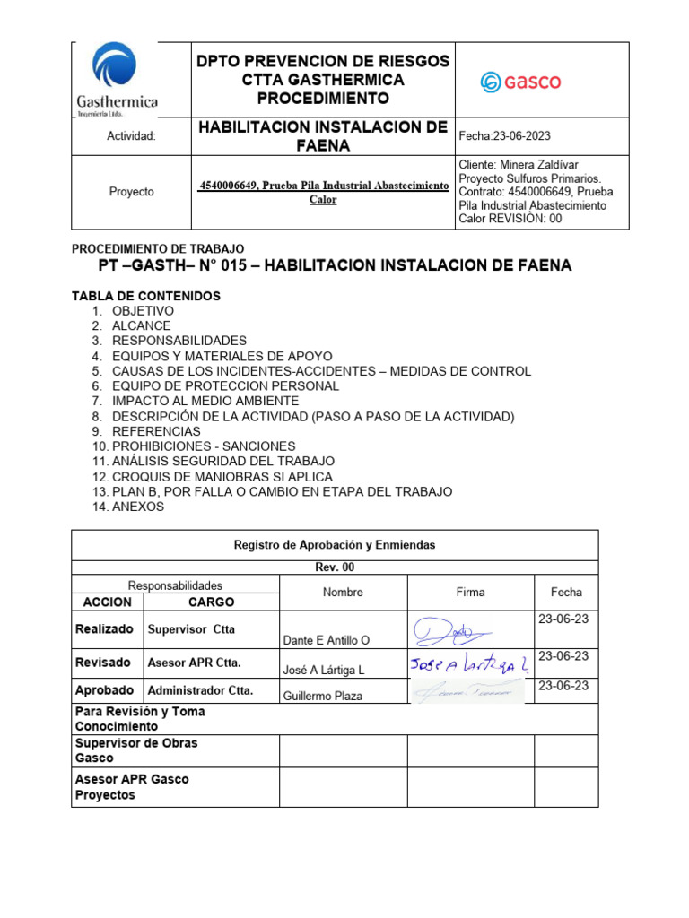 PTS-PR-GT 15 Habilitacion Instalacion de Faena RV 1 | PDF | Minería | Residuos