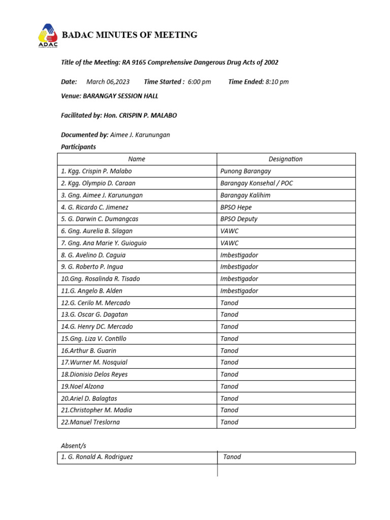 BADAC Form Minutes of Meeting | PDF | Addiction Psychiatry | Drugs