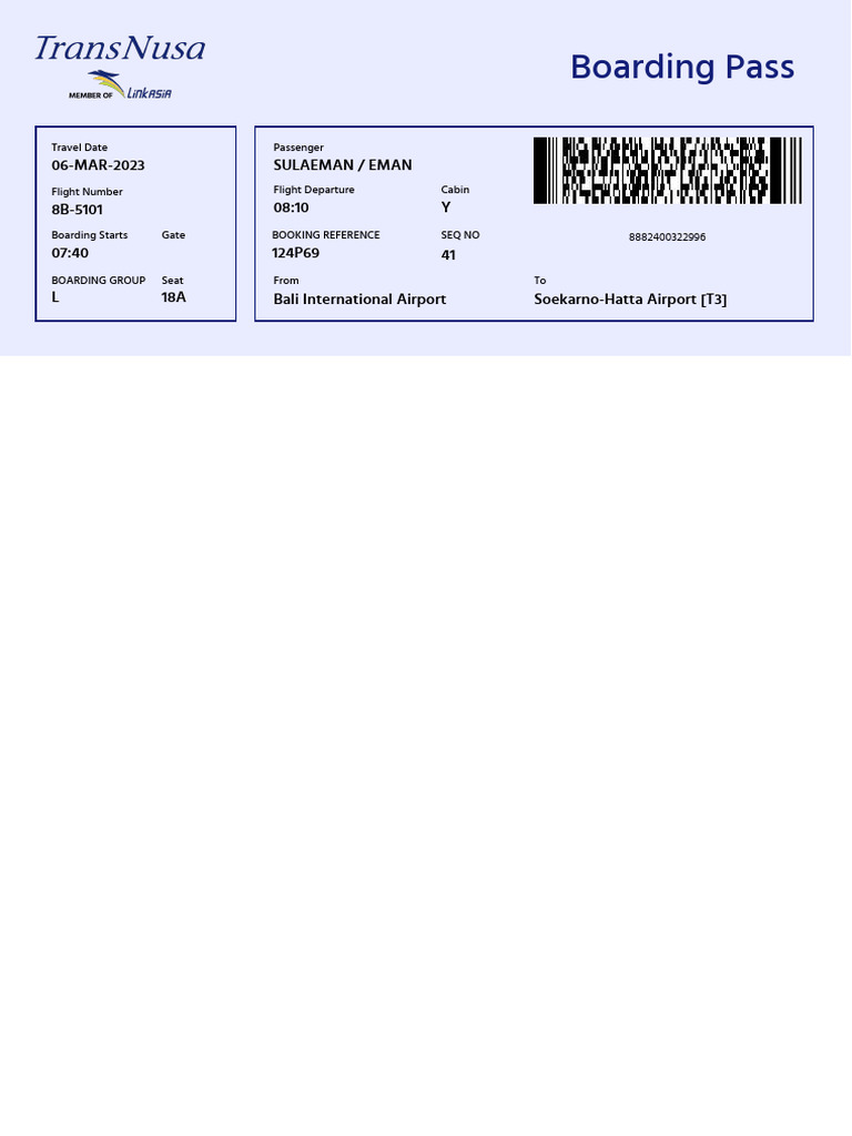 Boarding Pass: Sulaeman / Eman Y 08:10 124P69 41 06-MAR-2023 8B-5101 07 ...