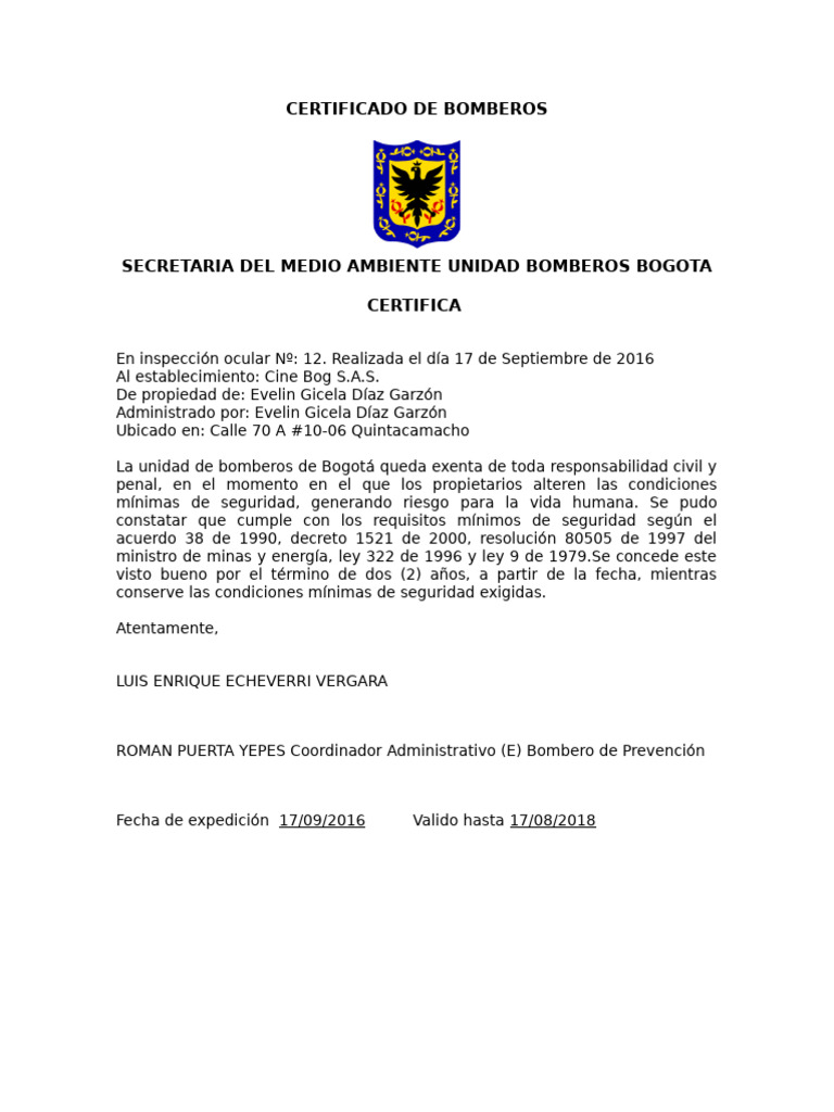 Certificado de Bomberos Bogota | PDF
