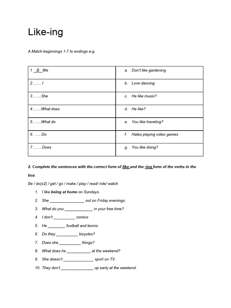 Like-ing Activities and Exercises | PDF