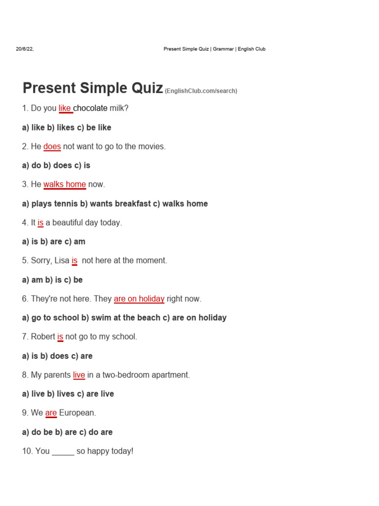 Present Simple Quiz - Grammar | PDF Present Simple Quiz - Grammar | PDF