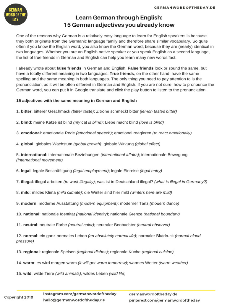 15 German Adjectives You Already Know | PDF | English Language | German ...