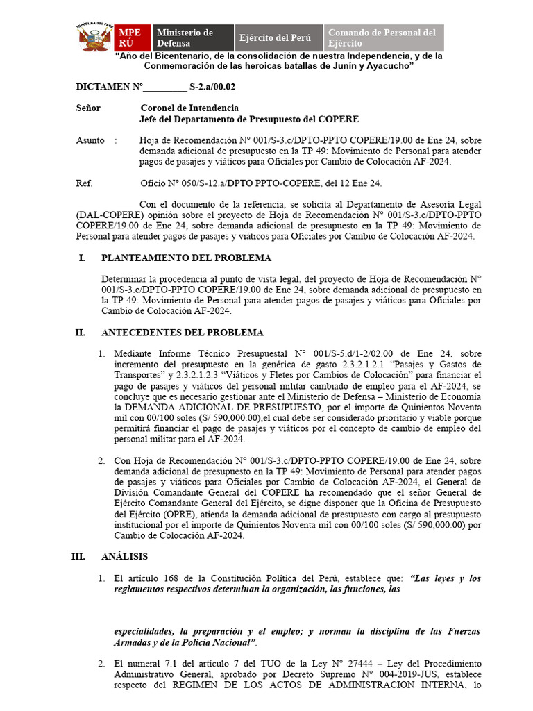 Dpto Ppto-Hoja de Recomendacion-Demanda Adicional-Pago de Viaticos para Oficiales | PDF ...