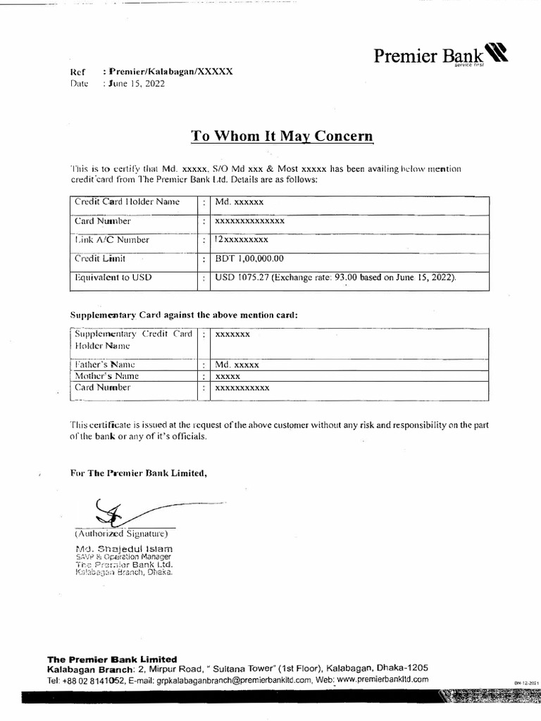 Credit Card Limit Certificate | PDF