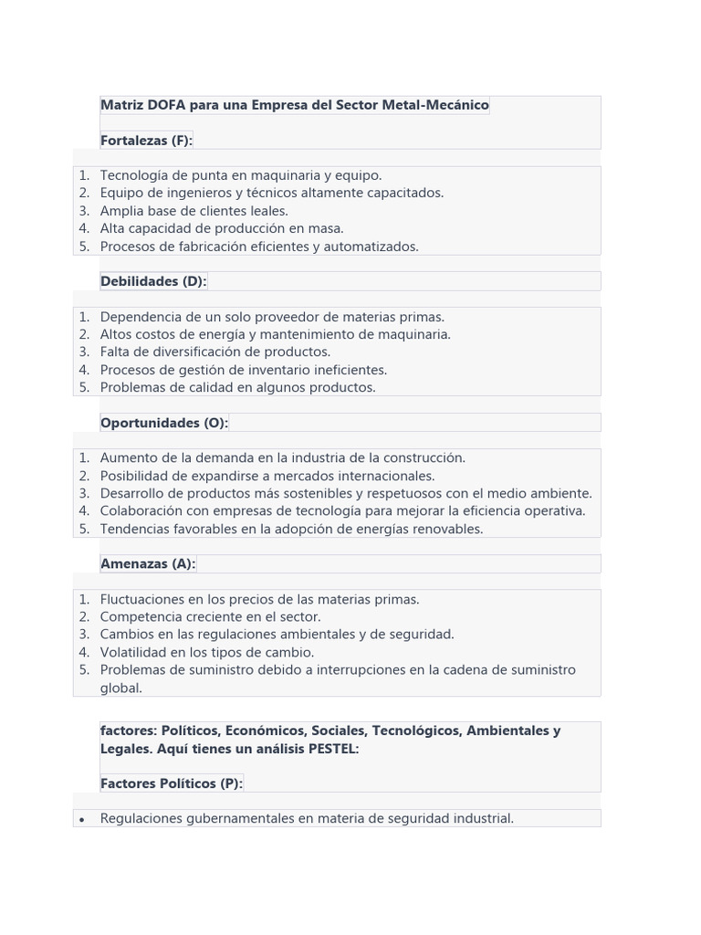 Matriz DOFA para Una Empresa Del Sector Metal | PDF | Business ...
