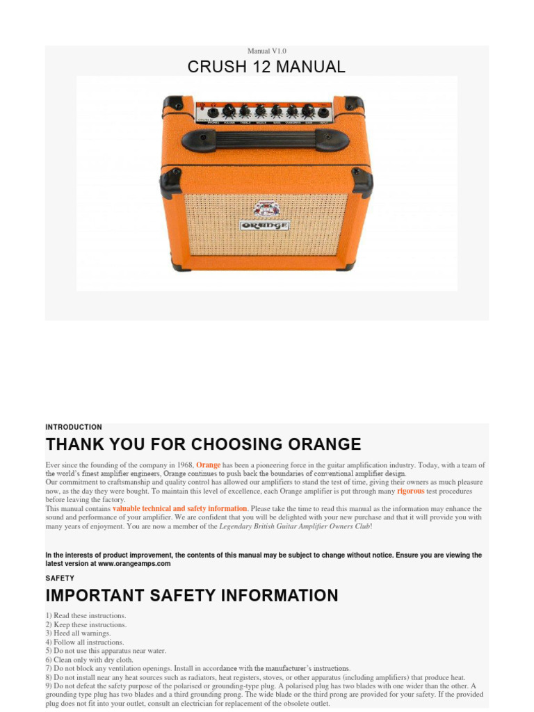 Orange Crush 12 Amplifier Manual | PDF | Mains Electricity | Amplifier
