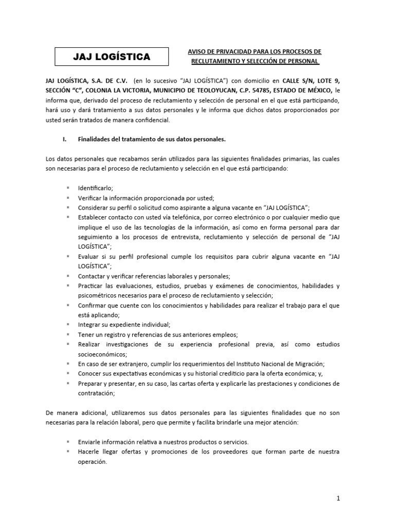 Aviso de Privacidad JAJ Logística | PDF