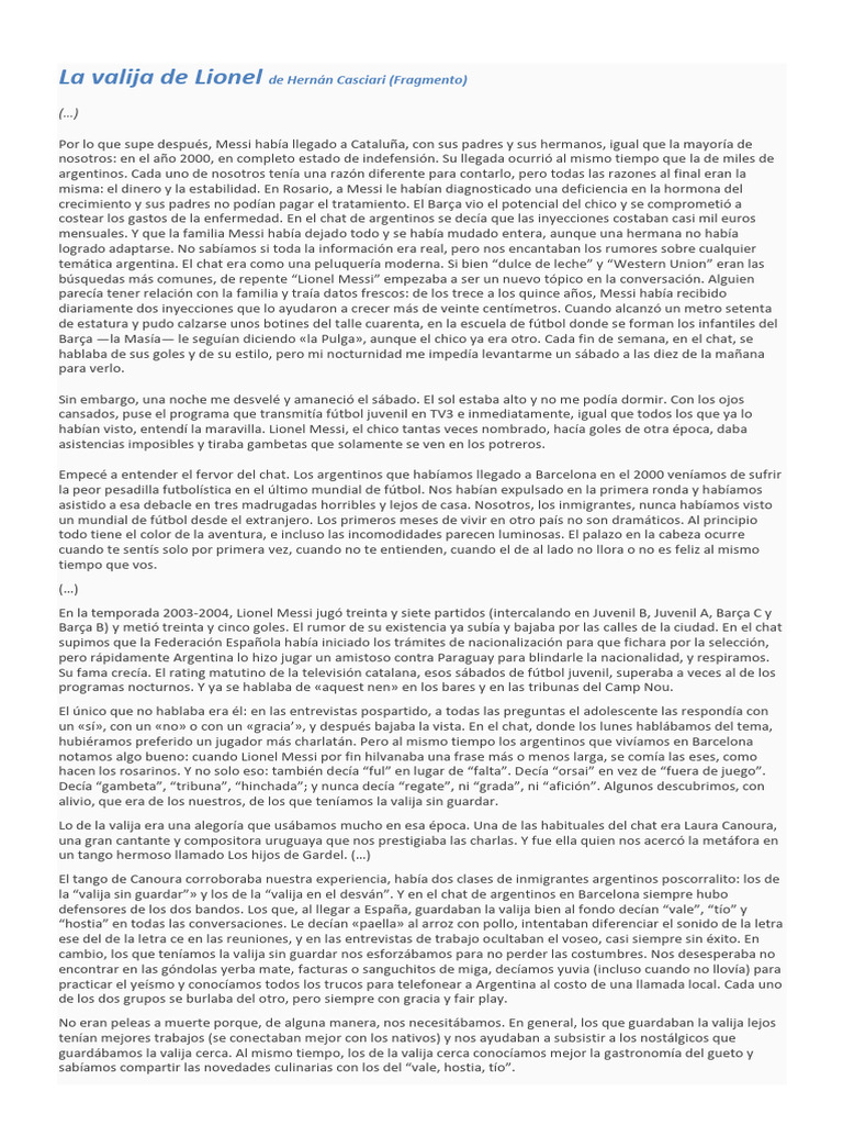 La Valija de Lionel de Hernan Casciari | PDF | Lionel Messi | Asociación de Futbol