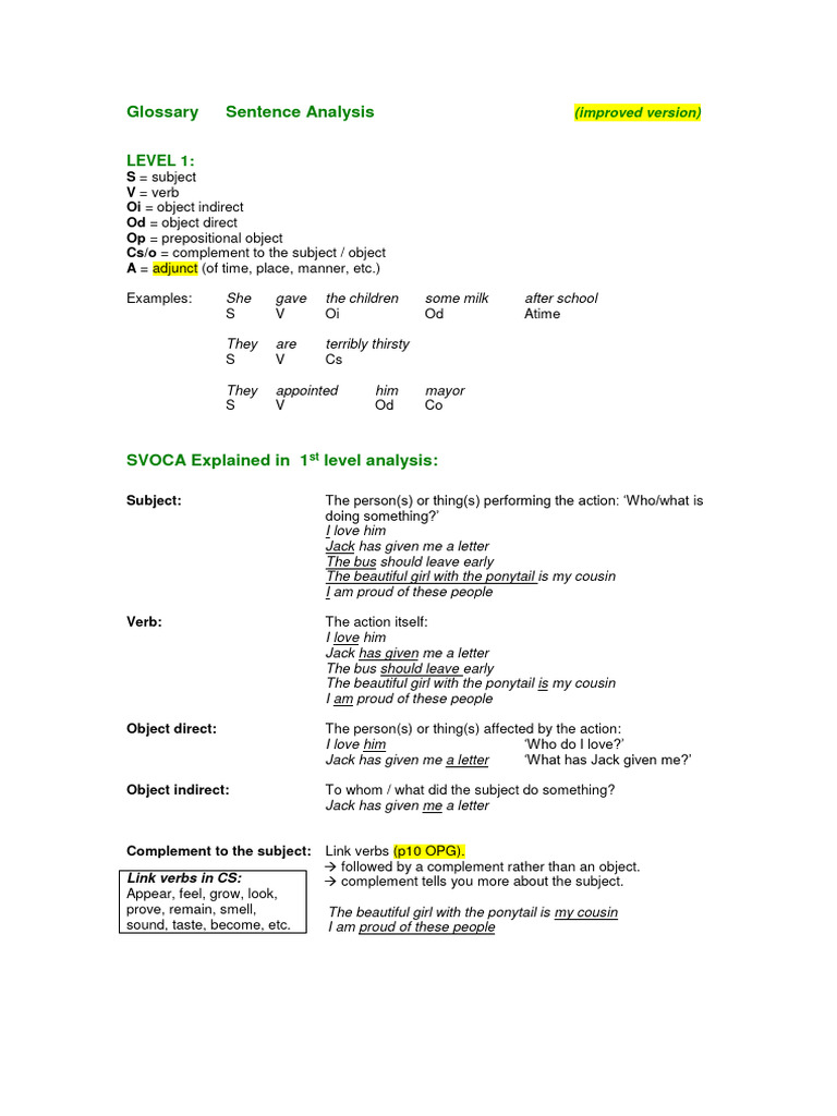 Sentences Analysis Level1 | PDF | Object (Grammar) | Subject (Grammar)
