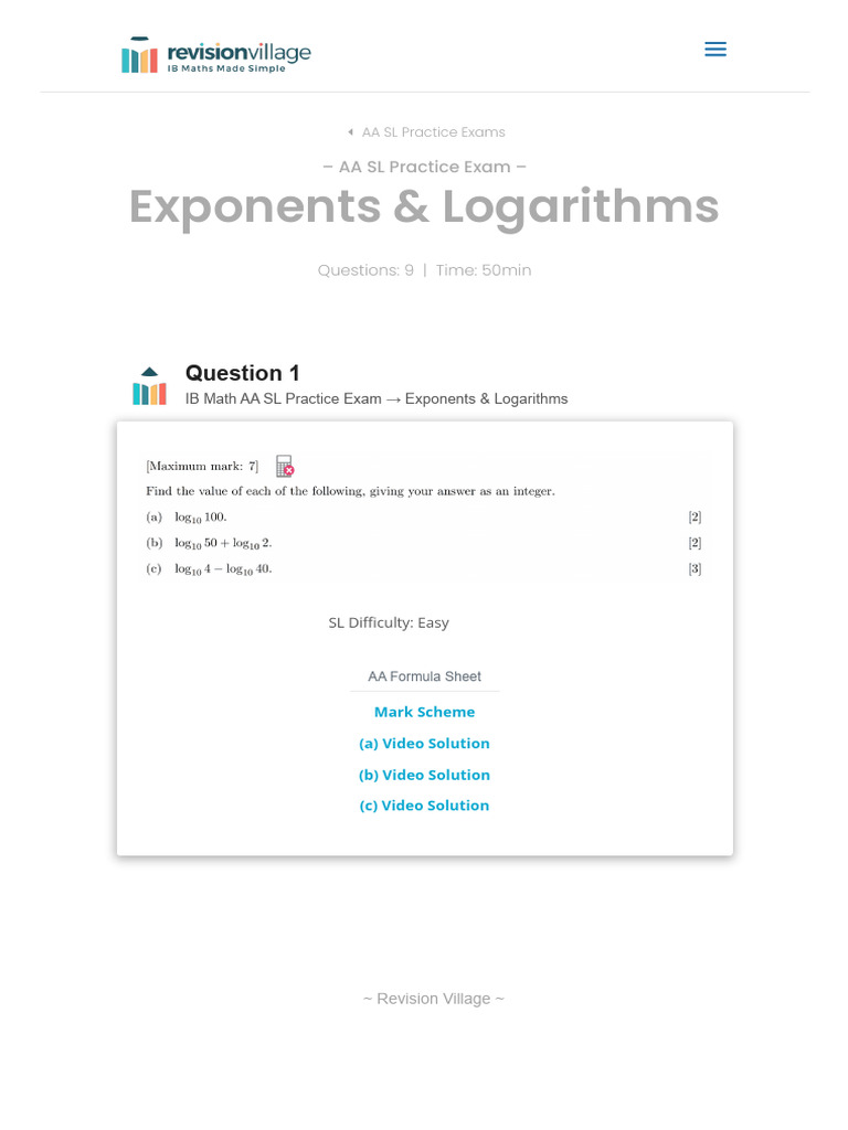 SL Practice Exam - Exponents Logarithms | PDF | Combinatorics | Numbers