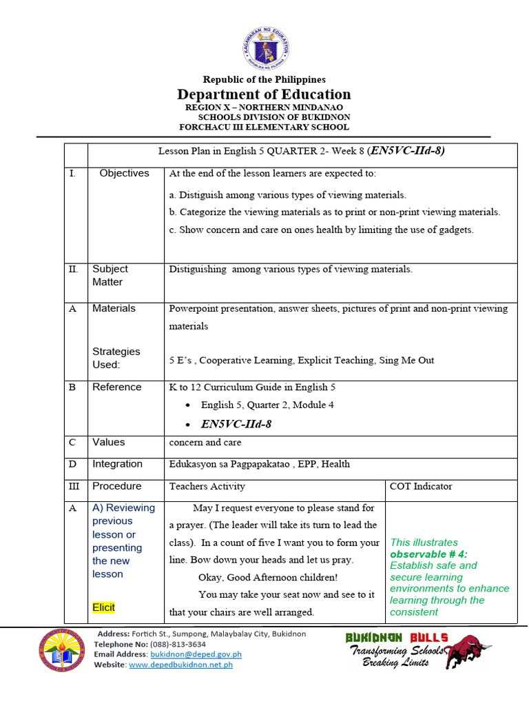 Cot in English 5 Q2 | PDF | Learning | Lesson Plan