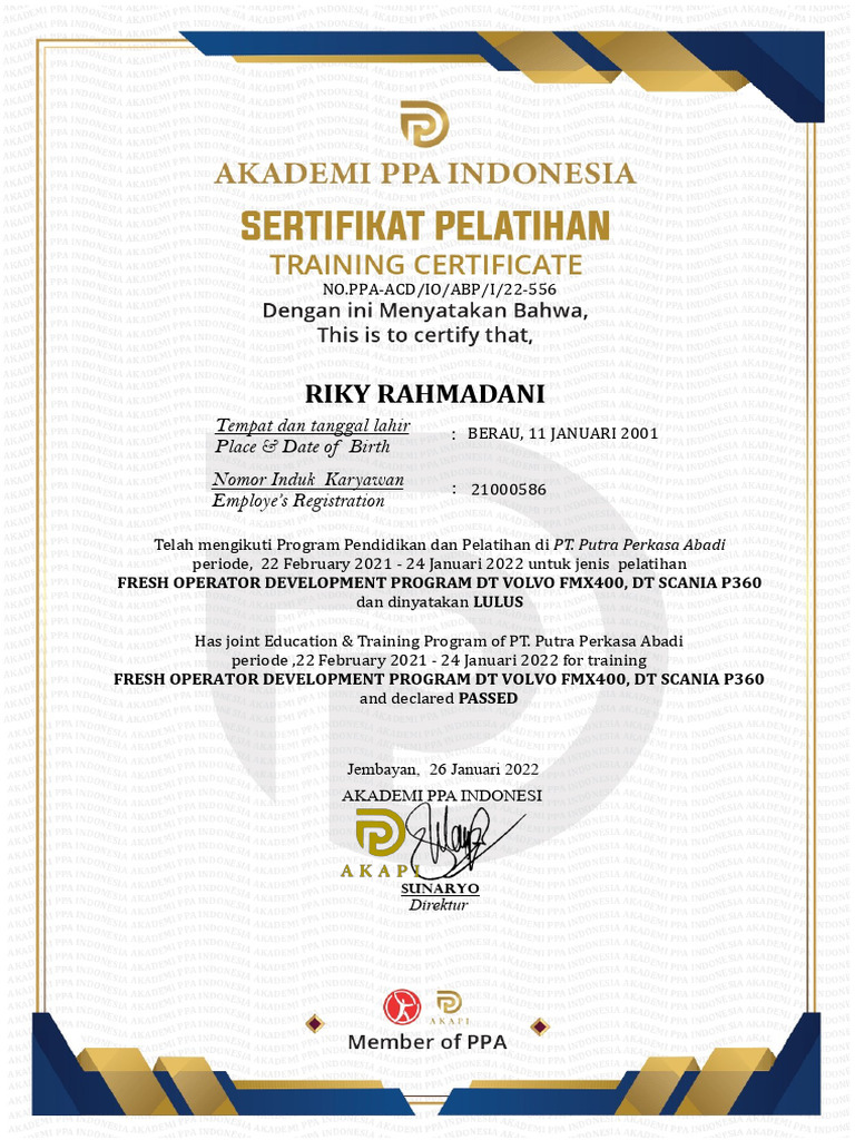 Sertifikat Pelatihan Operator PPA | PDF