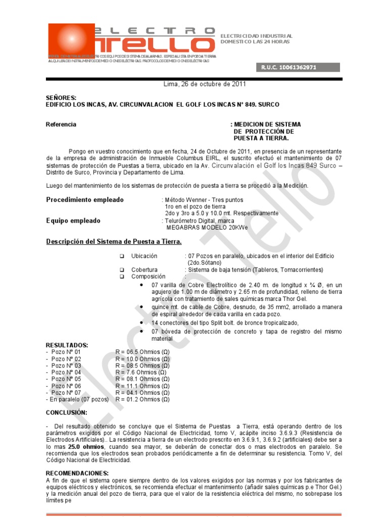 Protocolo de Mediciones de Pozos A Tierra de Edificio Golf Los Incas 26-10-2011 | PDF ...