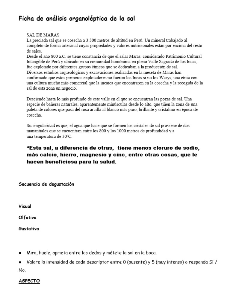 ESPAÑOL - Ficha de Análisis Organoléptico de La Sal | PDF | sal ...