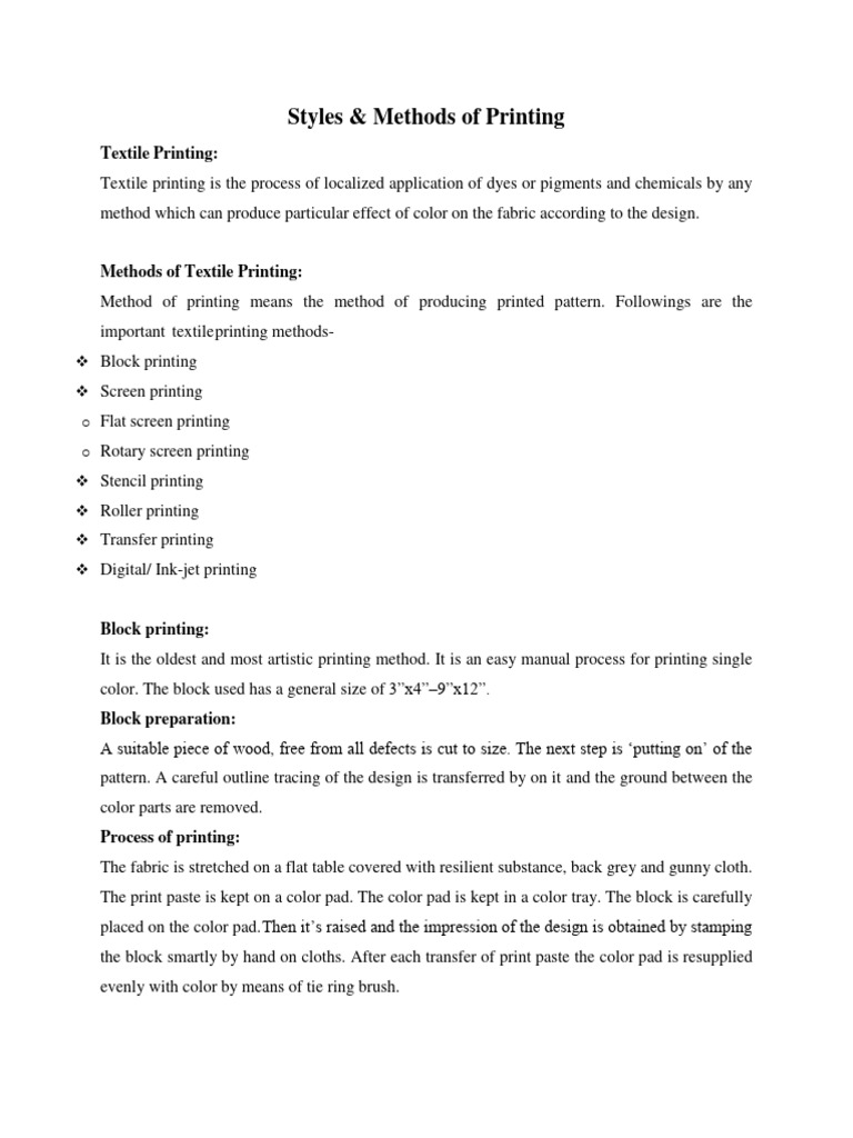 Styles & Methods of Printing | PDF | Dyeing | Textiles