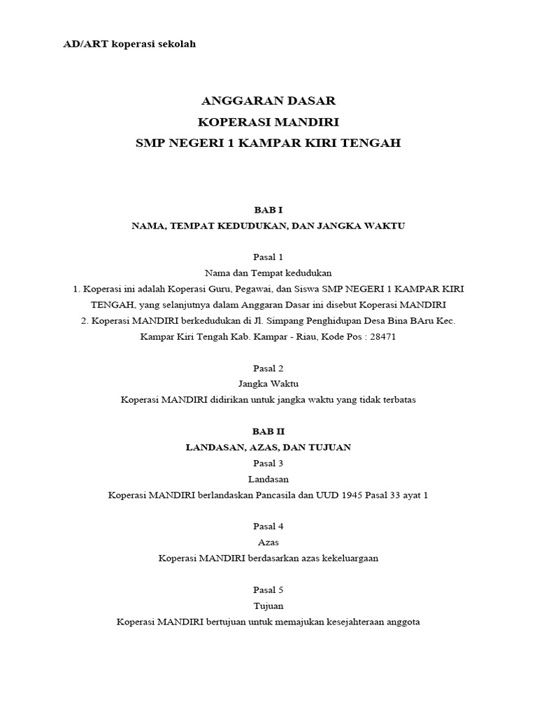 Contoh AD ART Koperasi Sekolah | PDF