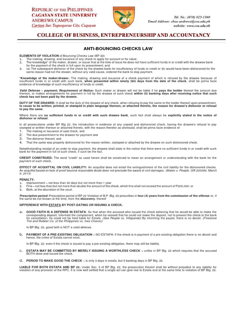 Bouncing Checks Law: Key Elements | PDF | Cheque | Justice