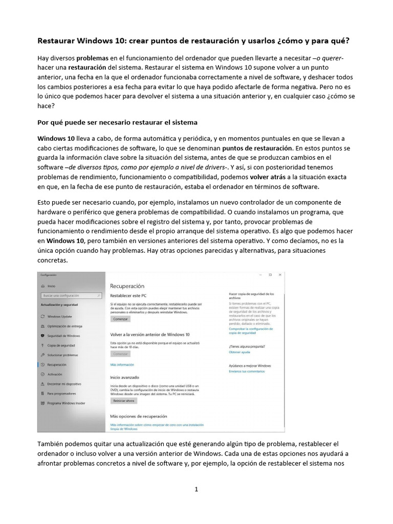 Restaurar Windows 10 Crear Puntos de Restauración y Usarlos | PDF ...