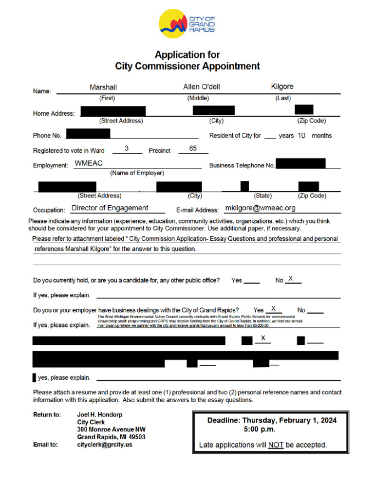 Marshall Kilgore Third Ward Commissioner Application | PDF ...